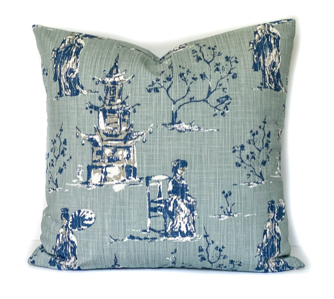 Blue Toile Decorative Throw Pillow Cover With Zipper, Asian Toile ...