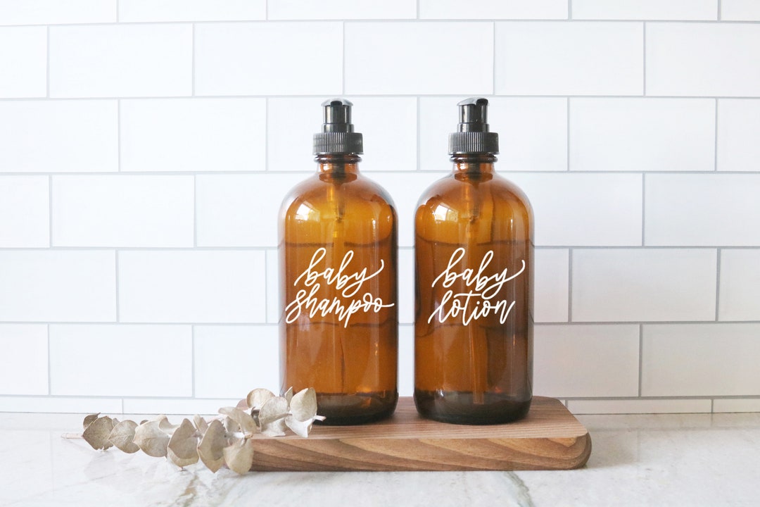 Baby Shampoo + Baby Lotion | Calligraphy Script Amber Soap Dispenser ...