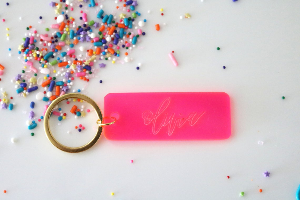 Custom Calligraphy Name Keychain Clear or Fluorescent Pink - Etsy