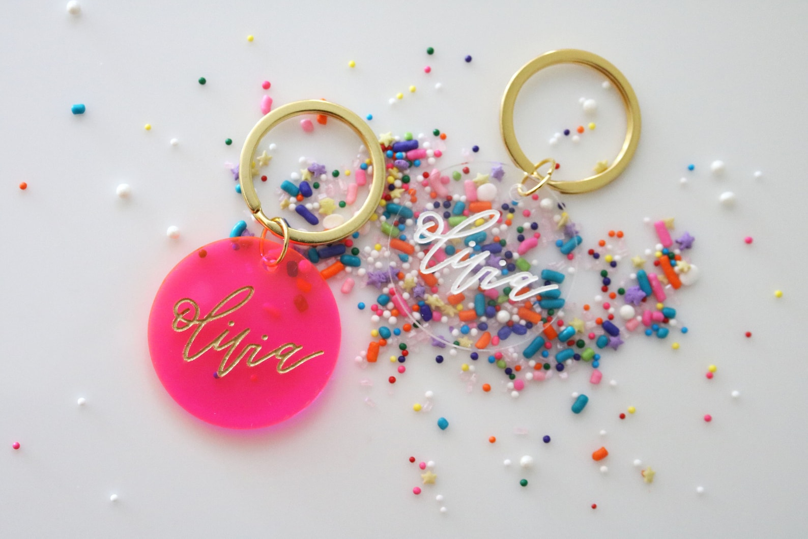 Custom calligraphy name keychain clear or fluorescent pink | Etsy