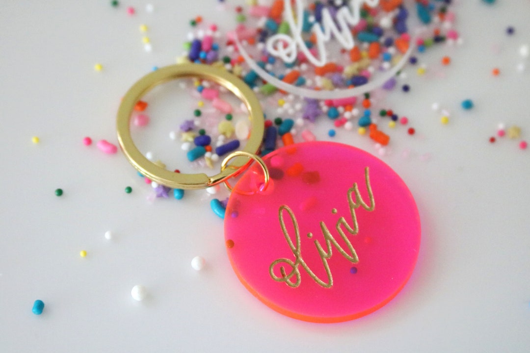 Custom Calligraphy Name Keychain | Clear or Fluorescent Pink | Back to ...