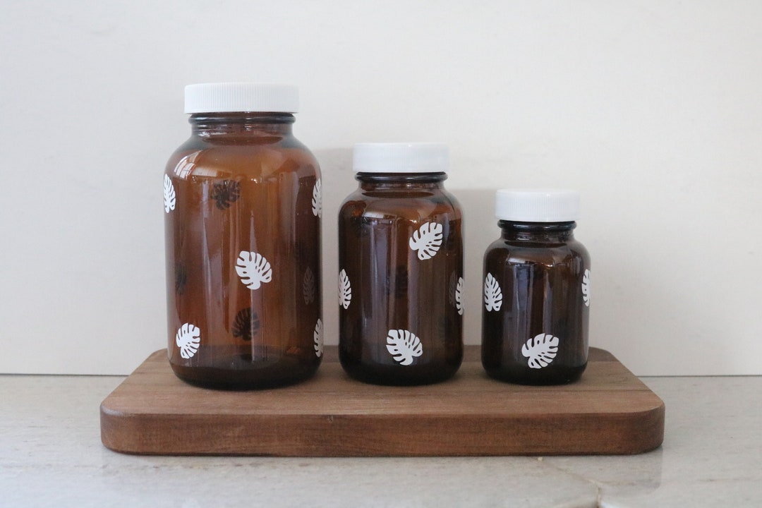 Monstera Leaf Amber Glass Pill Bottle | Stash Jar | Pill Organization ...
