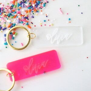 Custom Calligraphy Name Keychain | Clear or Fluorescent Pink | Back to ...
