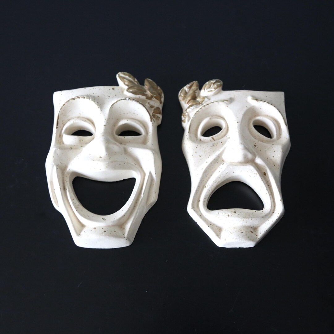 Pair Comedy / Tragedy Chalkware Face Masks Wall Plaque Mid Century ...