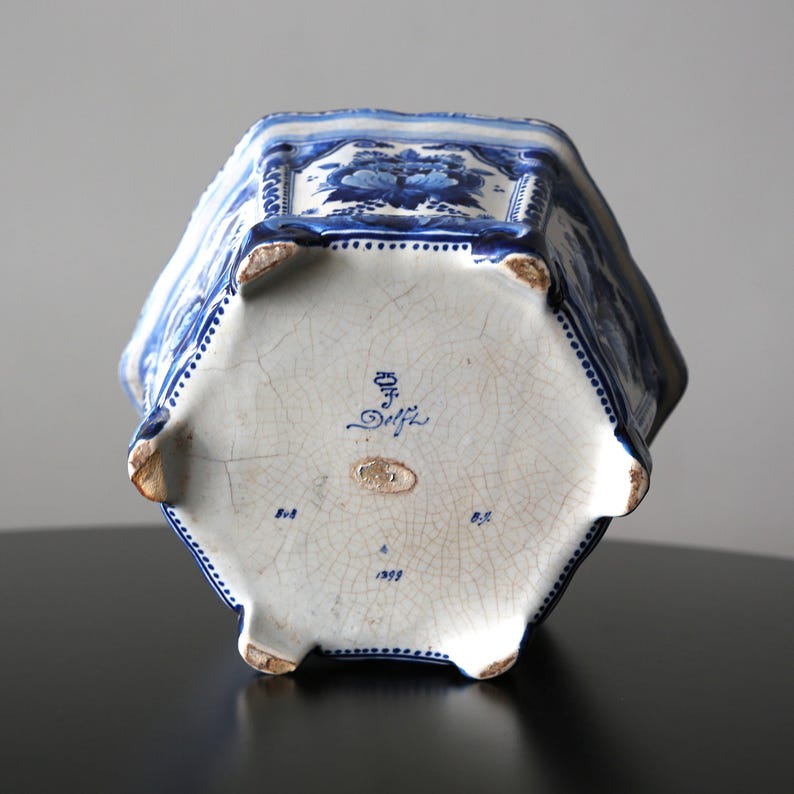 Large 1950s Royal Delft Planter Handpainted Hexagonal Jardiniere Blue ...