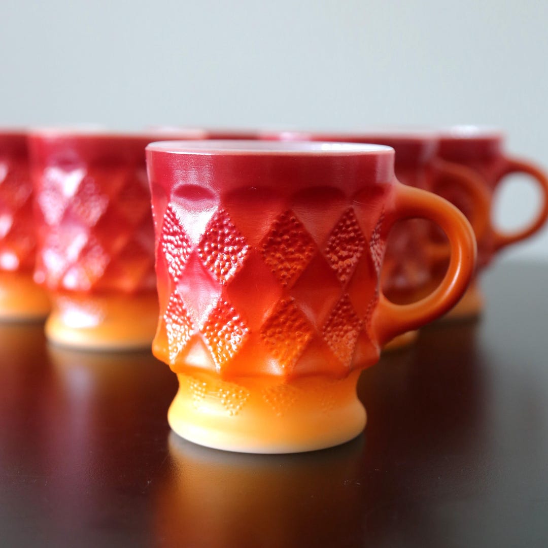 Set 6 Fire King Kimberly Diamond Mugs 1970s Orange Ombre Fade Anchor ...