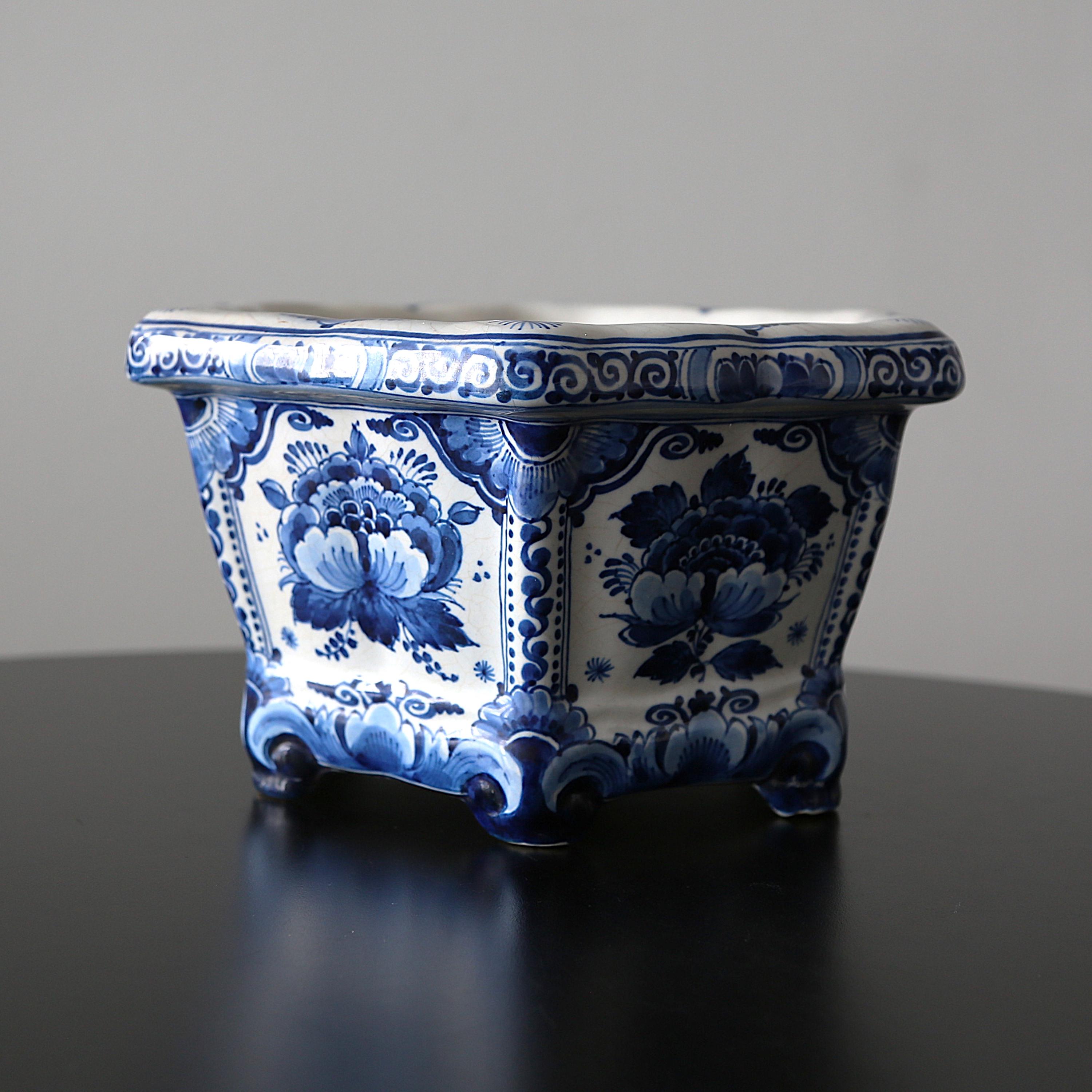 Large 1950s Royal Delft Planter Handpainted Hexagonal Jardiniere Blue ...