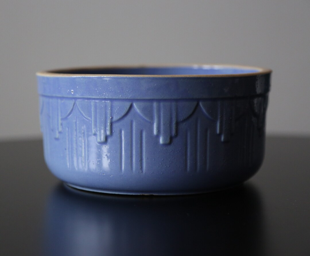 Ruckels White Hall Pottery Crock Advertising Country Blue Glaze Mixing ...