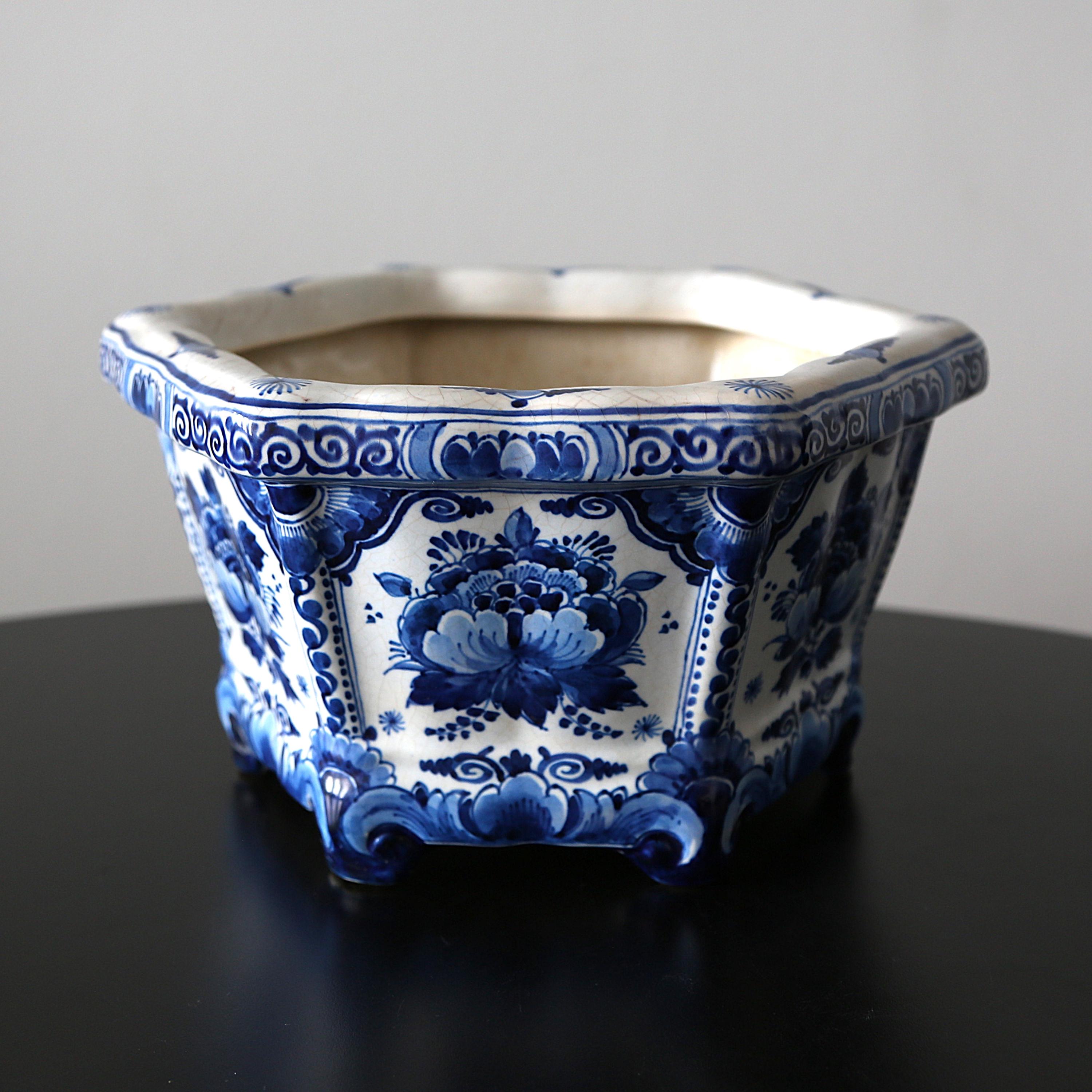 Large 1950s Royal Delft Planter Handpainted Hexagonal Jardiniere Blue ...