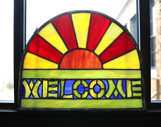 Vintage Stained Glass Welcome Sign Handmade Leaded Glass With Sunburst ...