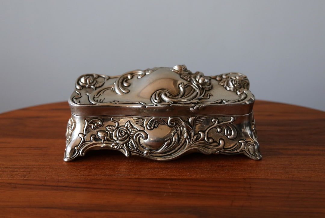 Vintage Godinger Silver Plate Jewelry Box Heavy Art Nouveau Rose Design ...