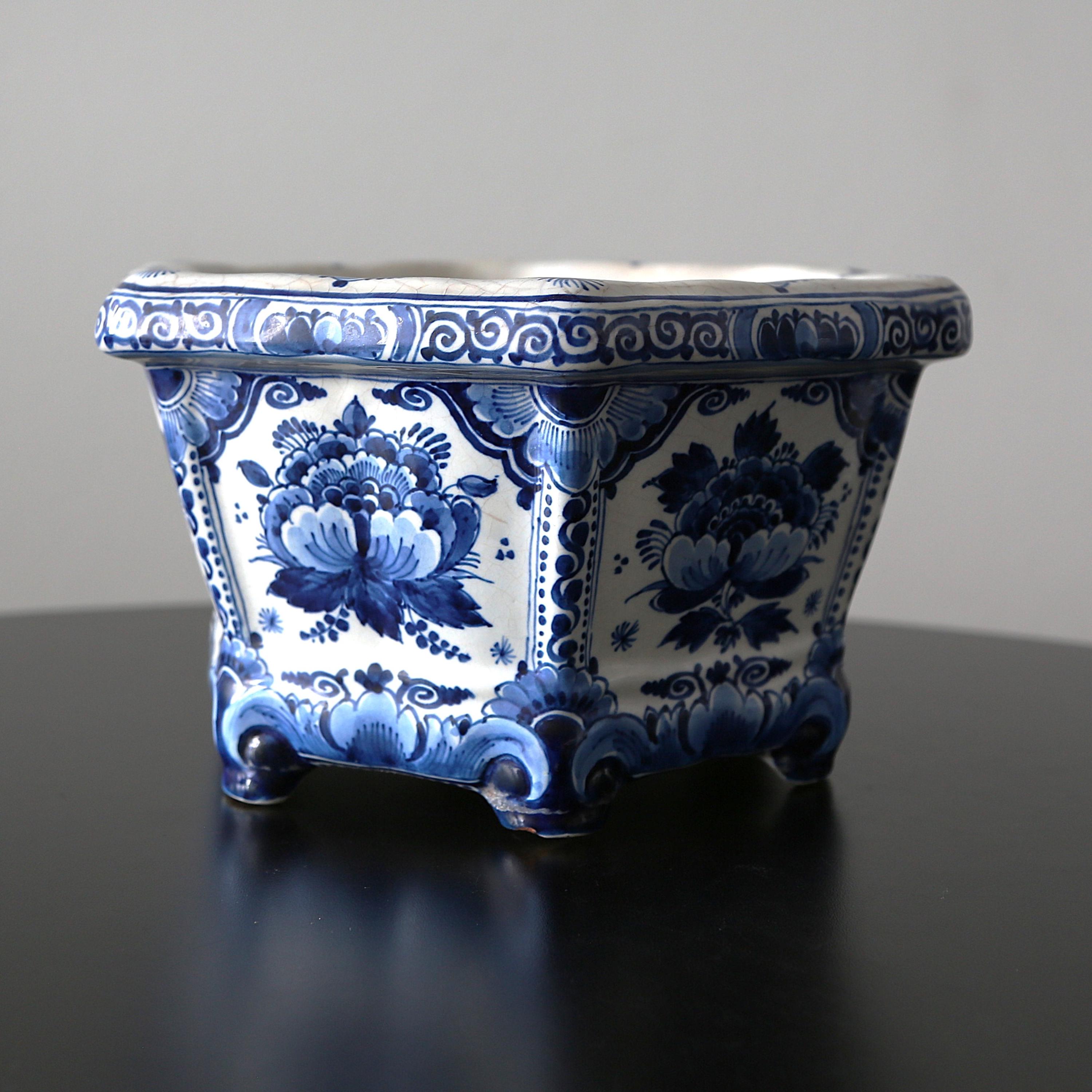 Large 1950s Royal Delft Planter Handpainted Hexagonal Jardiniere Blue ...