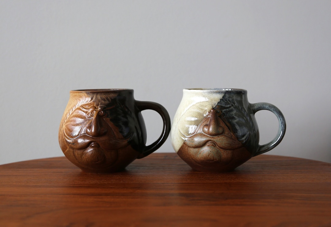 Pair Pottery Craft Coffee Mugs Man With Moustache MCM 70s Ceramic ...