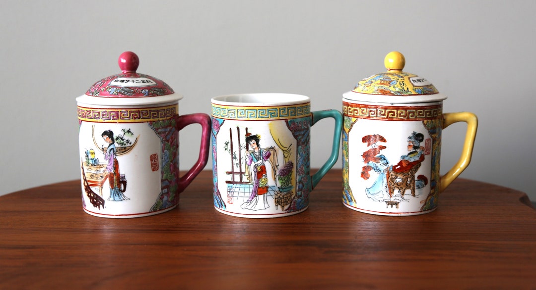 Vintage Antique Set 3 Chinese Mugs + Lids Famille Rose Handpainted ...