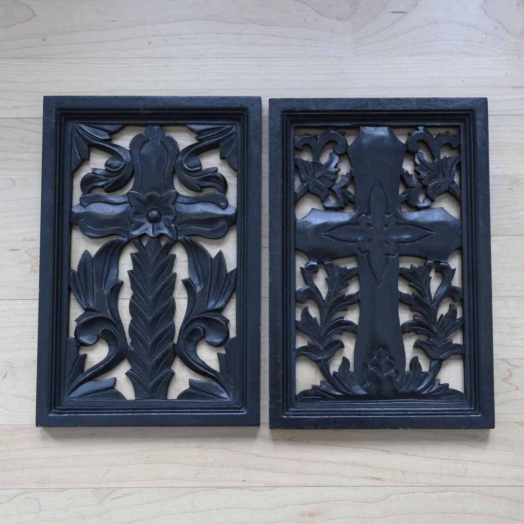 Hand Carved Wood Panel Cross Dark Brown / Black Scandinavian Style Wall ...