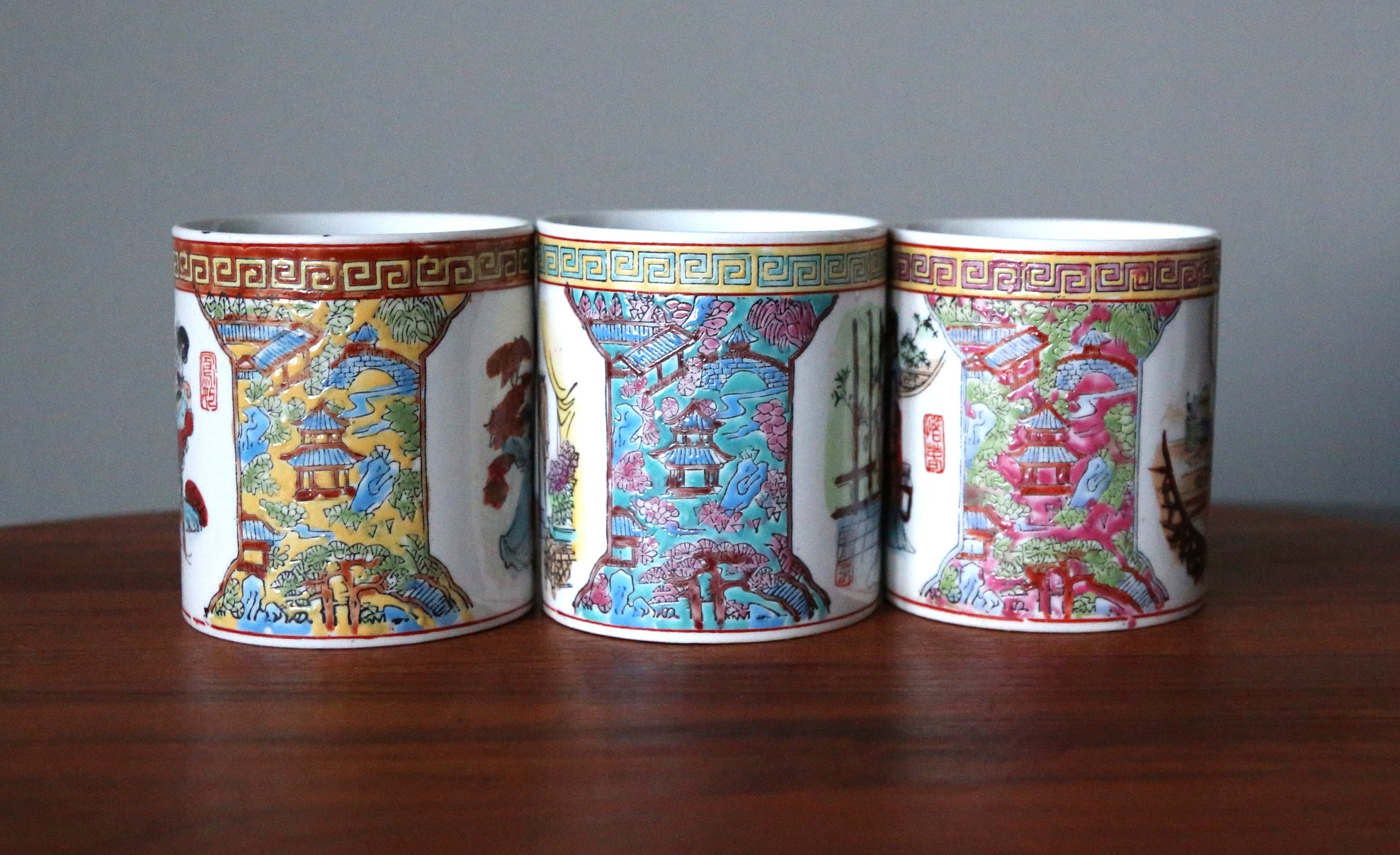 Vintage Antique Set 3 Chinese Mugs + Lids Famille Rose Handpainted ...