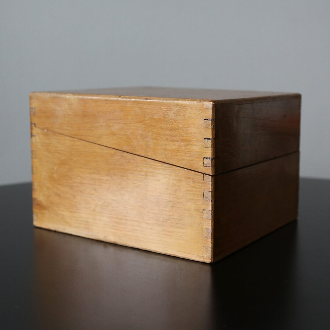 Vintage Wooden Card File Box MCM Oak Hinged Dovetail Box MCM Office ...