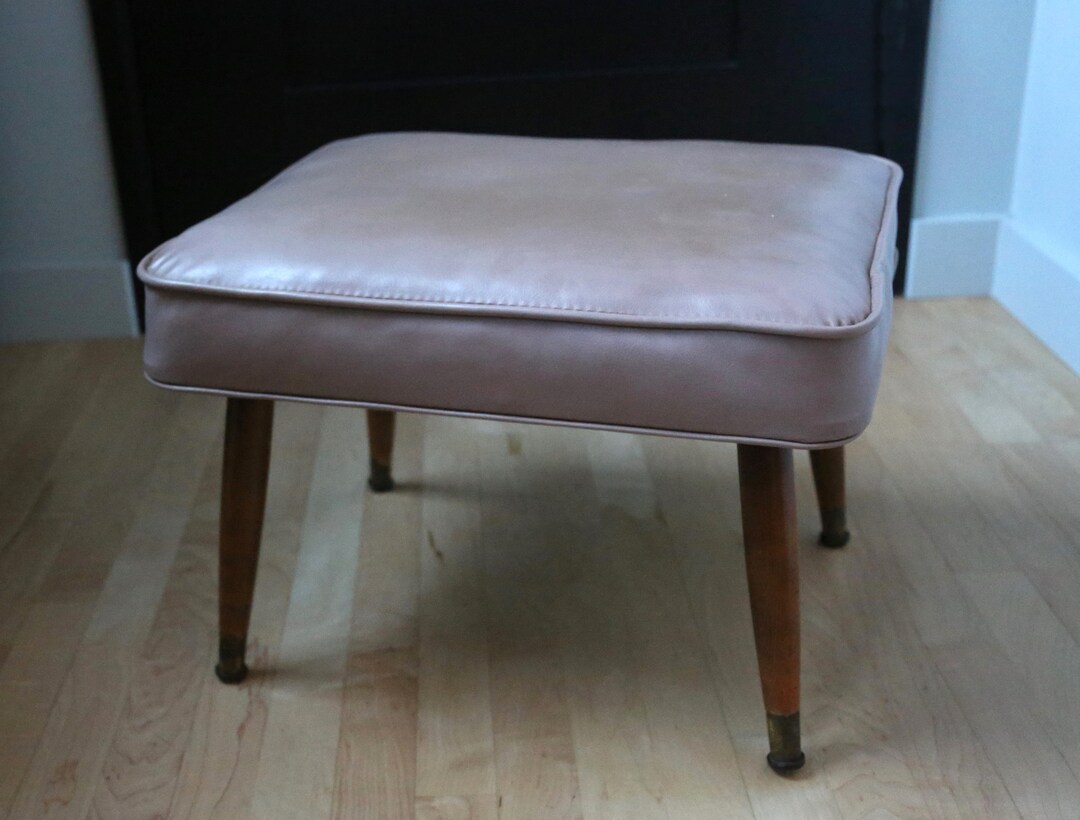 Mid Century Vinyl Footstool With Removable Teak Legs Vintage Beige Foot ...