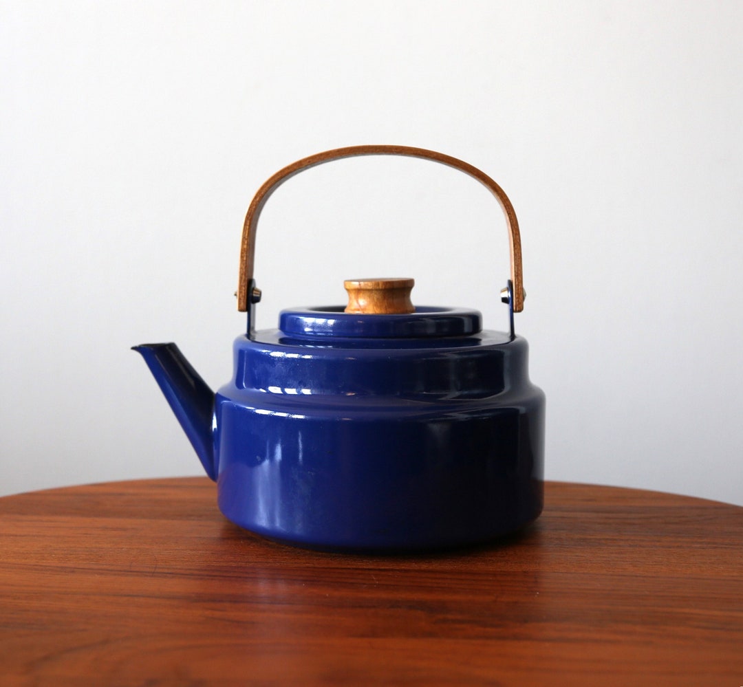 Vintage Cobalt Blue Tea Kettle With Teak Handle Enamel Seel Mid Century ...