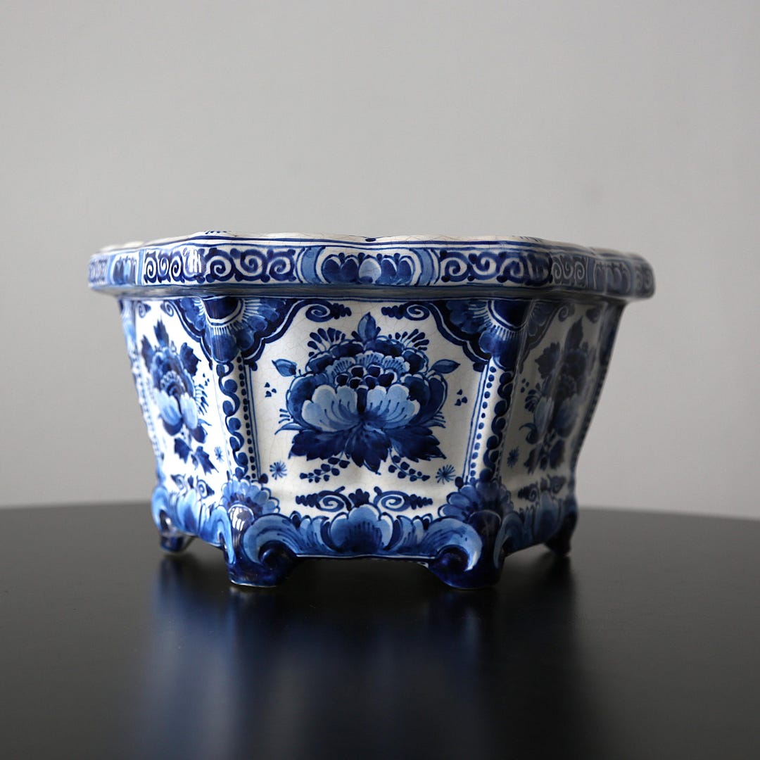 Large 1950s Royal Delft Planter Handpainted Hexagonal Jardiniere Blue ...
