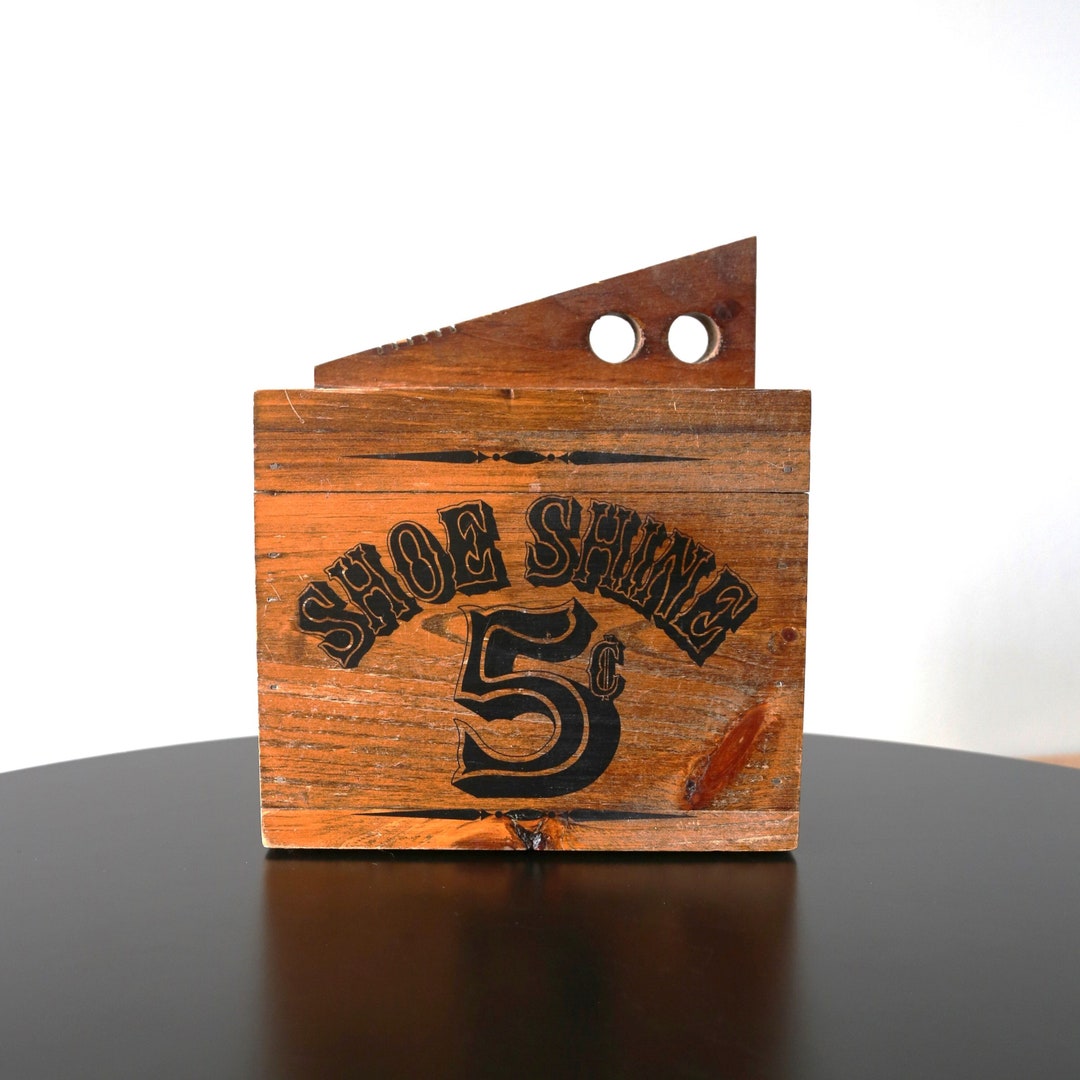 Vintage Mid Century Wood Shoe Shine Box 5 Cents Logo Brass Lock Etsy