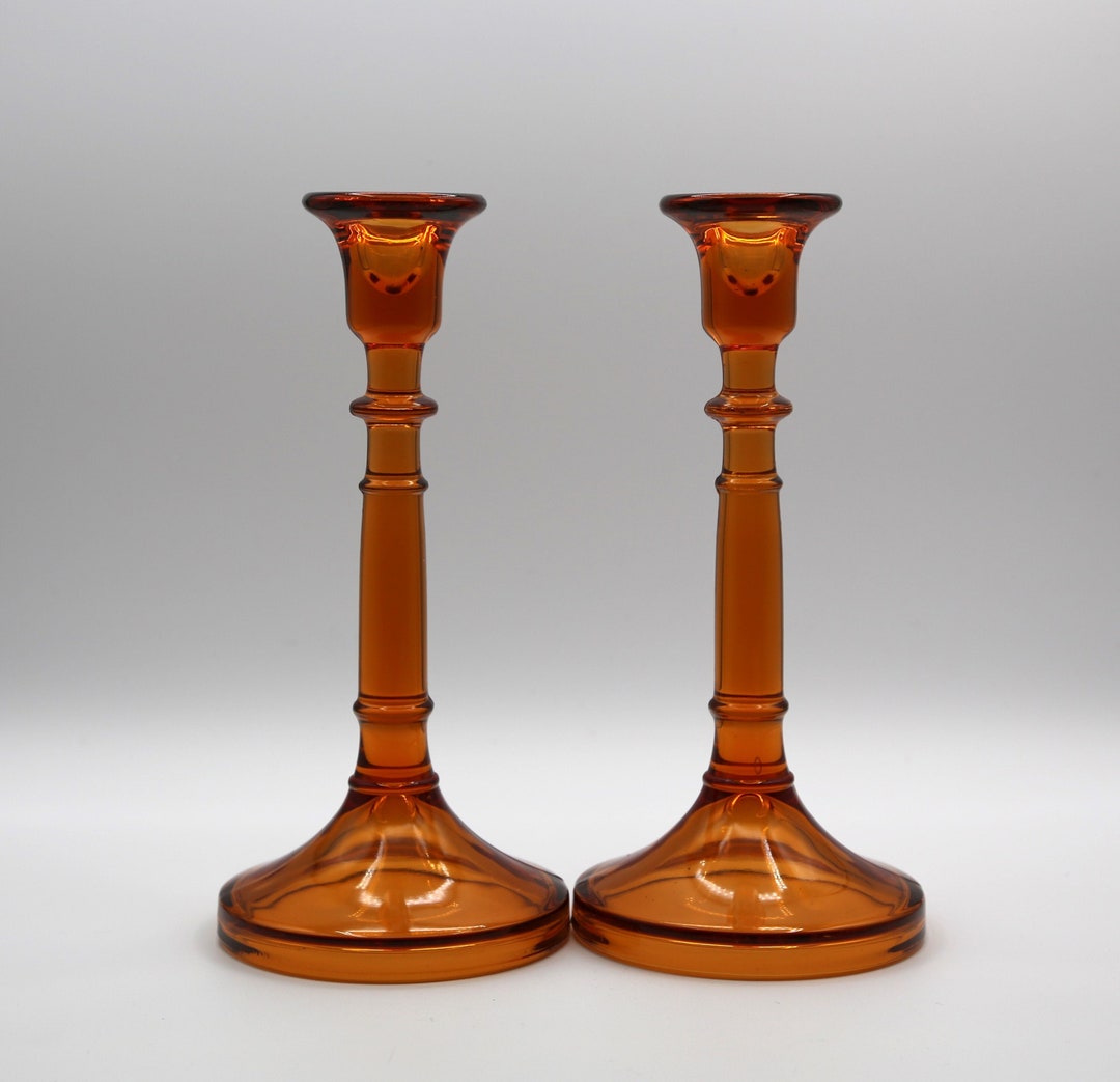 Pair 1920s Cambridge Glass Amber Candlesticks Antique 9.25" H Mold ...