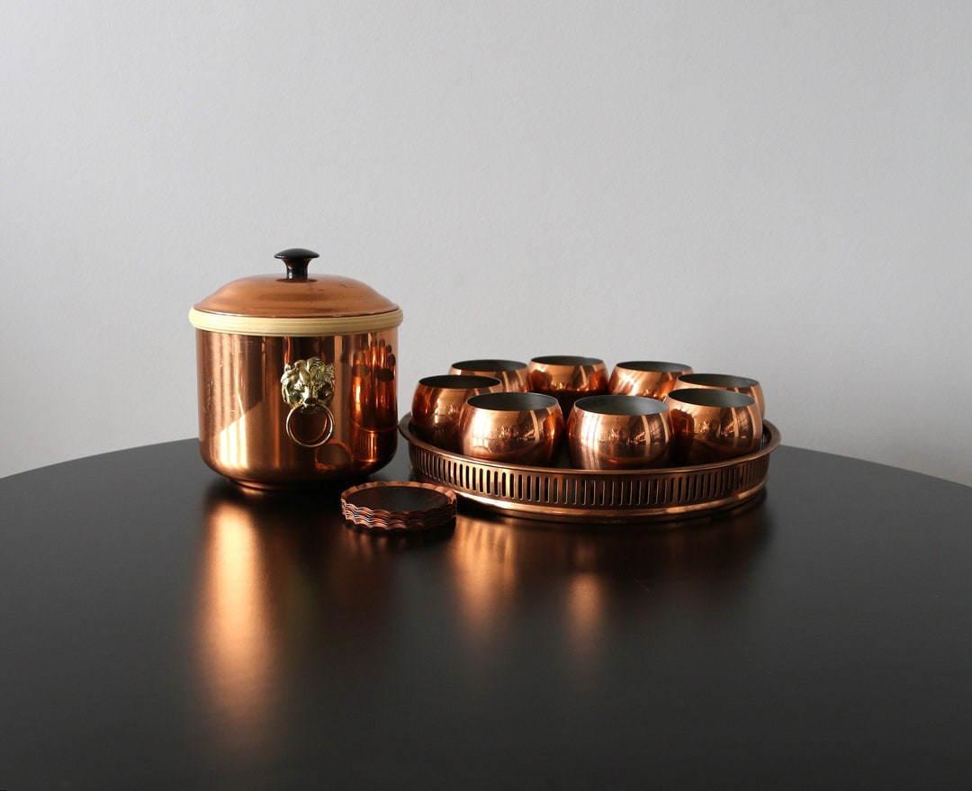 Vintage Coppercraft Guild Bar Set Ice Bucket Serving Tray 8 Roly Poly ...