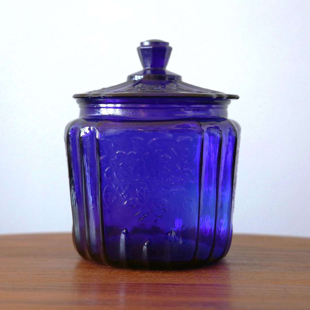 Anchor Hocking Mayfair Open Rose Cookie / Biscuit Jar With Lid Cobalt ...