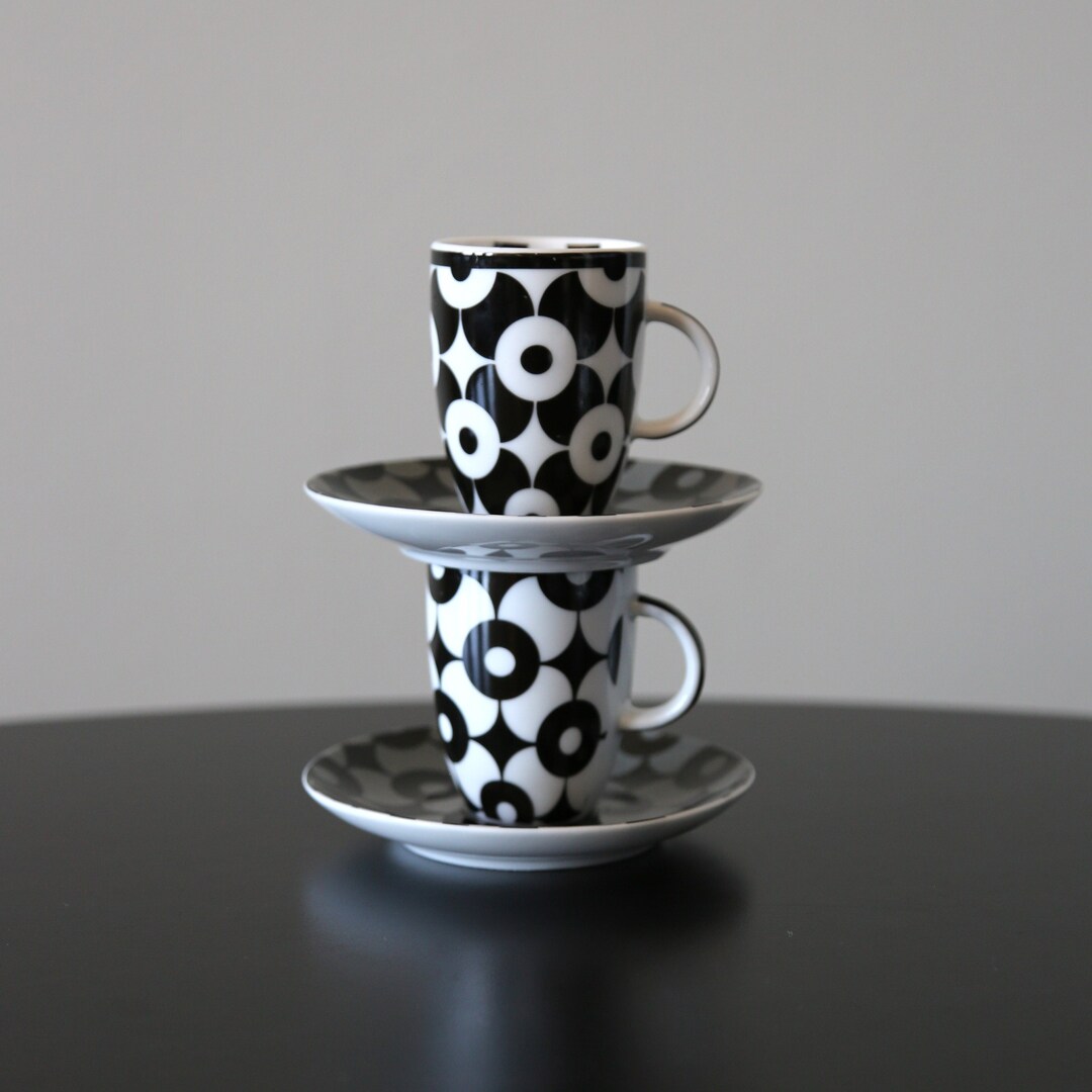 Pair Vintage Op Art Espresso Cups + Saucers Flower Dots Design PPD ...