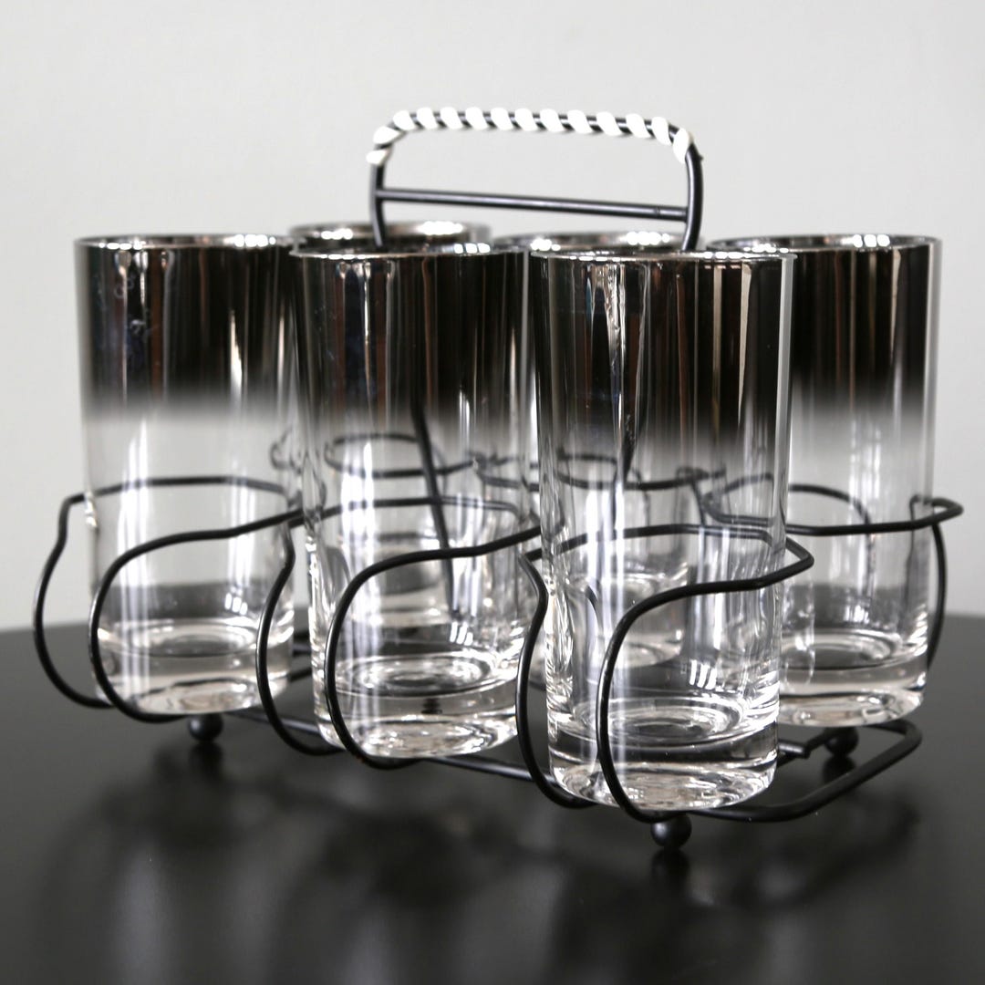 Vintage Vitreon Queen's Lusterware Cocktail Glasses With Caddy: Silver ...