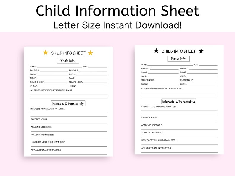 Child Information Sheet, Daycare, Babysitter Form (digital Download ...