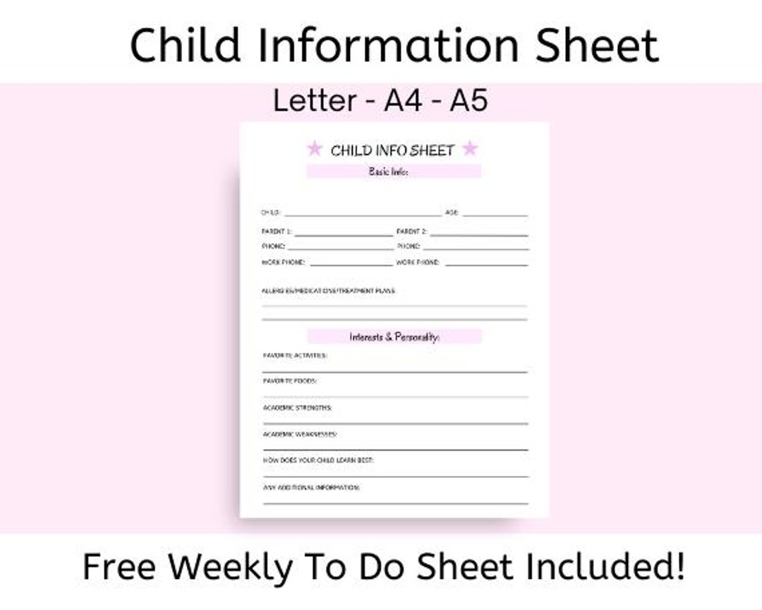 Child Information Sheet, Daycare, Babysitter Form (digital Download) - Etsy