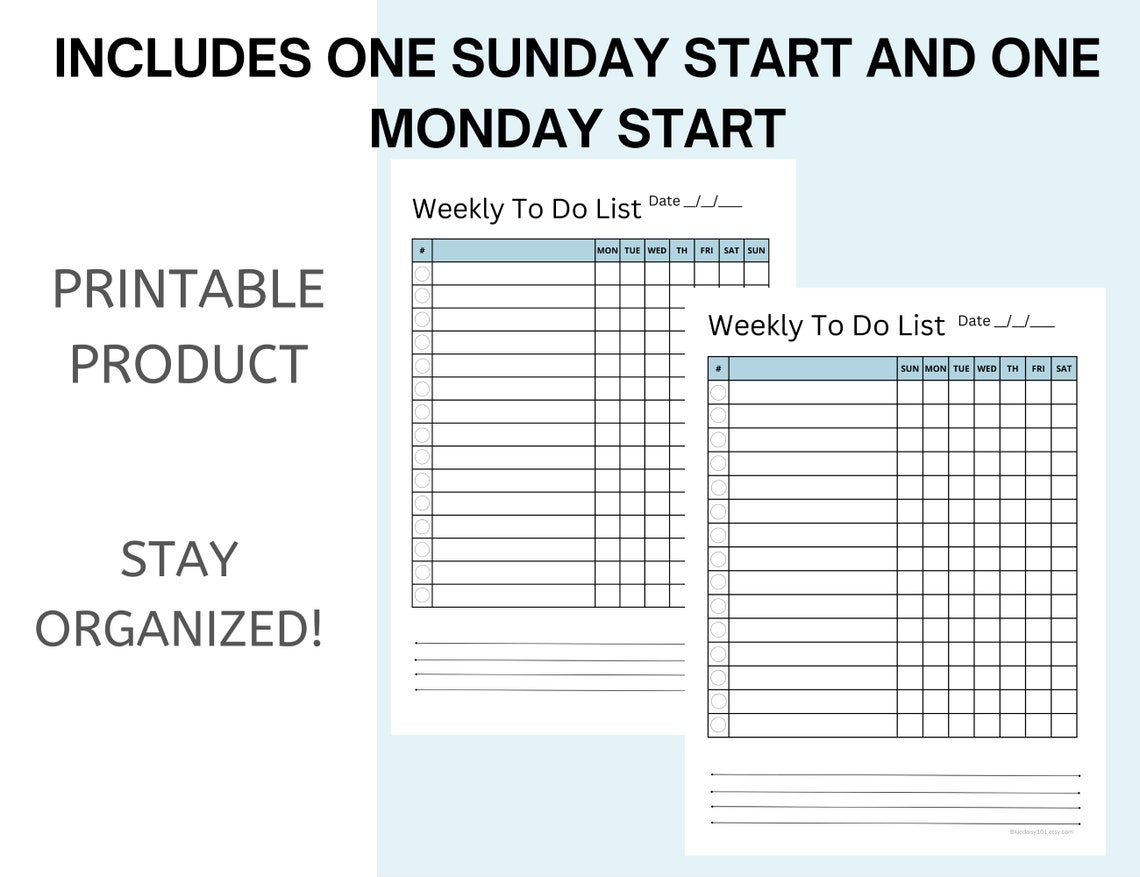 Blank Weekly to Do List and Checklist Printable, Now With Sun and Mon ...