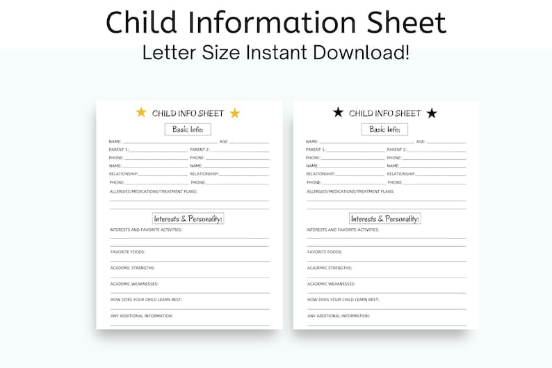 Child Information Sheet, Daycare, Babysitter Form (digital Download) - Etsy
