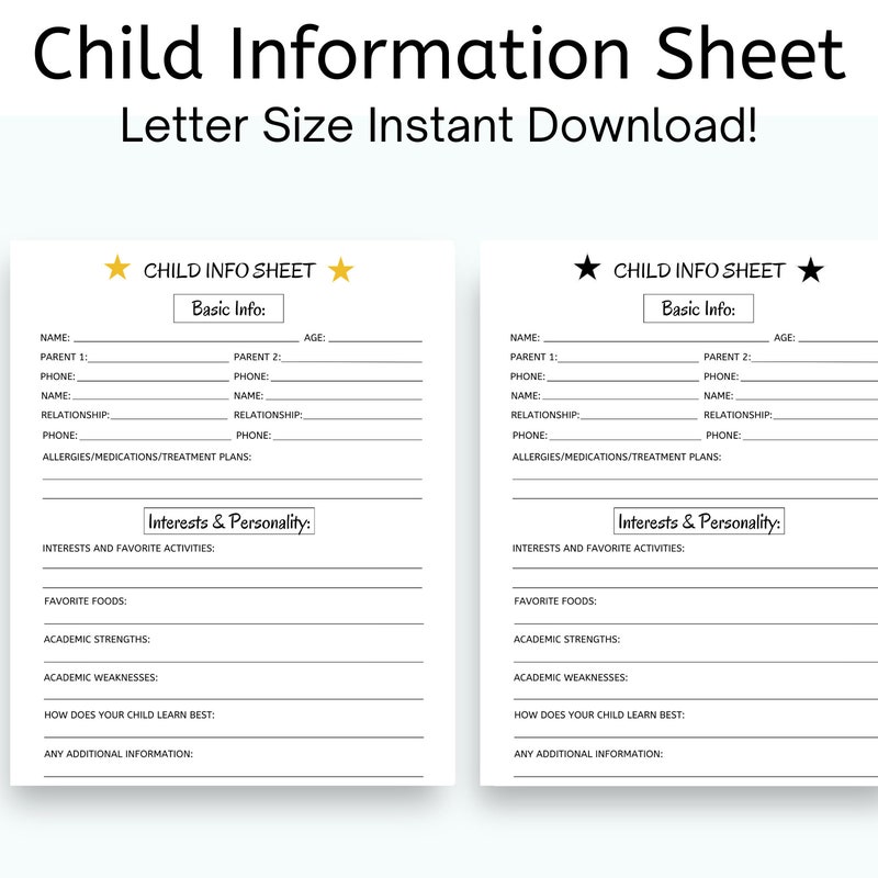 Child Info Sheet - Etsy