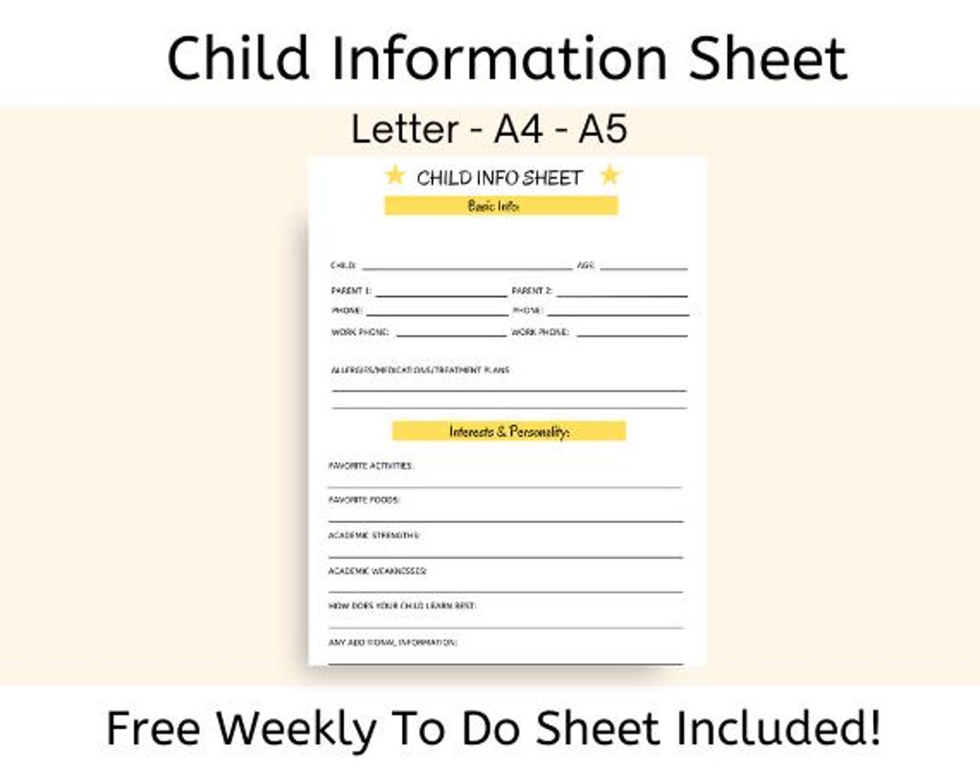 Child Information Sheet, Daycare, Babysitter Form (digital Download) - Etsy