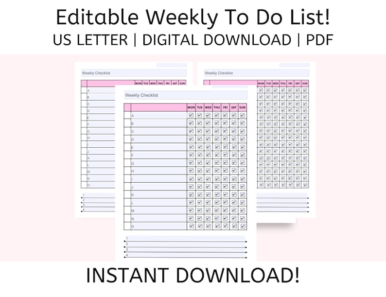Weekly Task List Editable Task List for Chores Checklist Back to School ...