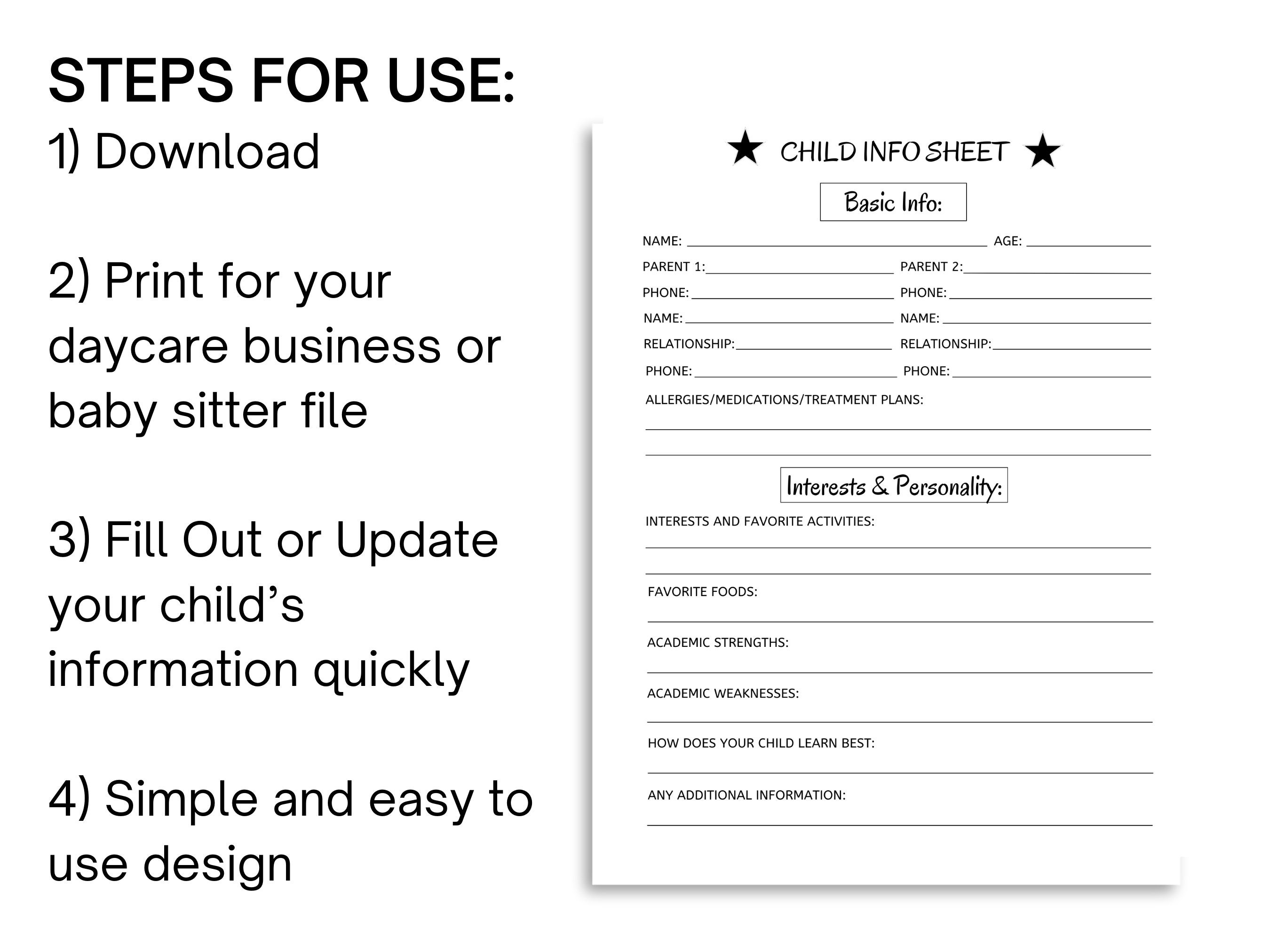 Child and Infant Information Sheet, Daycare Intake Form. Kindergarten ...