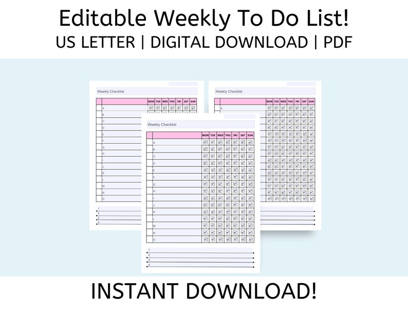 Weekly Task List Editable Task List for Chores Checklist Back to School ...