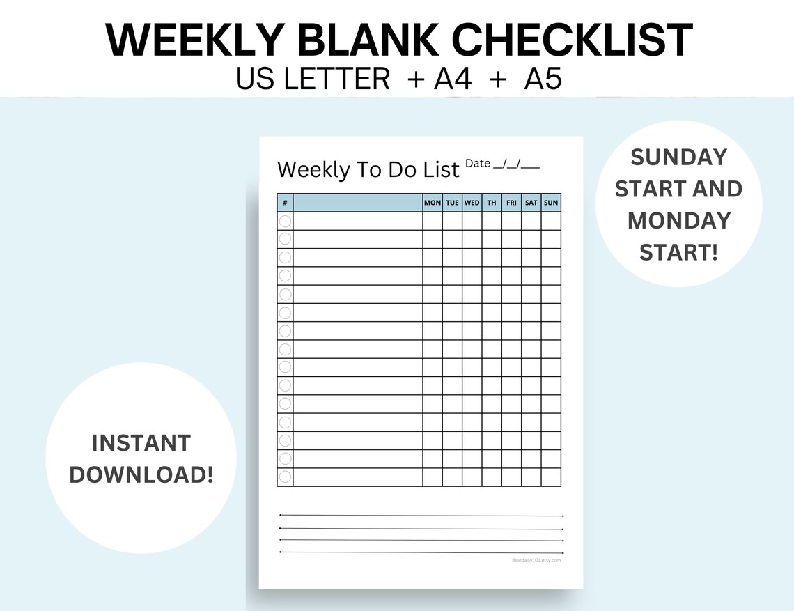 Blank Weekly to Do List and Checklist Printable, Now With Sun and Mon ...