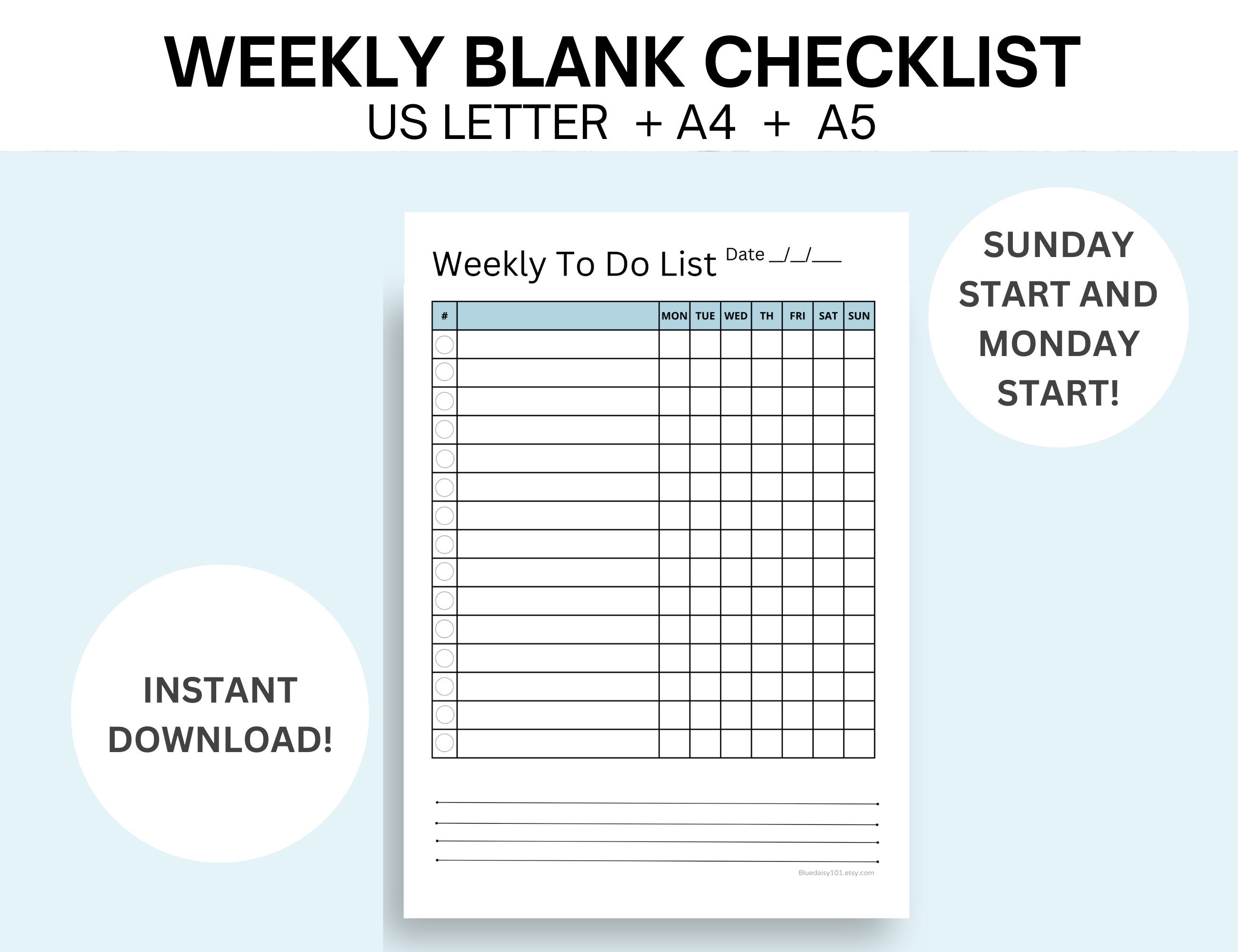 Blank Weekly to Do List and Checklist Printable, Now With Sun and Mon ...