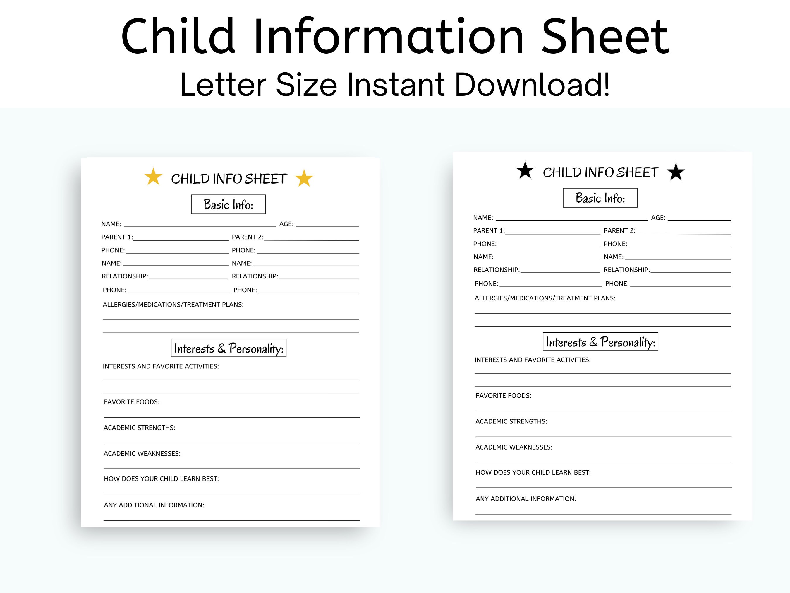 Child and Infant Information Sheet, Daycare Intake Form. Kindergarten ...
