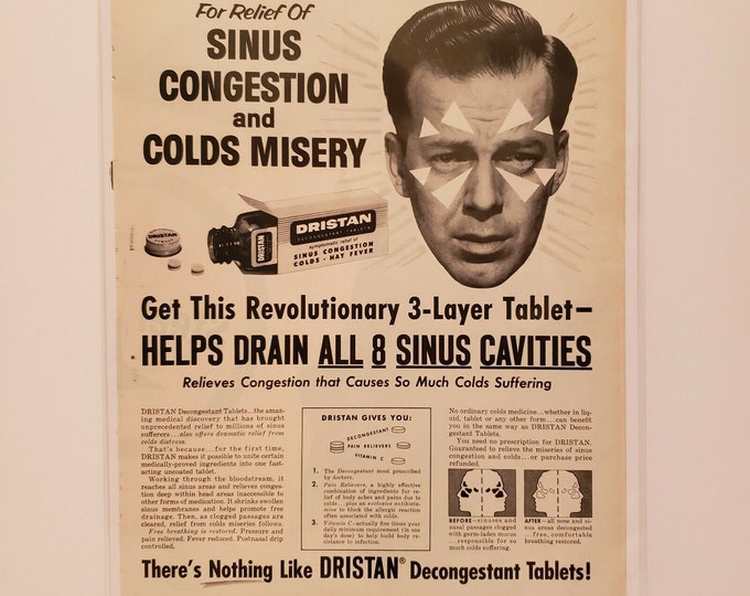 Vintage 1958 Dristan Decongestant Tablets Print Ad helps Drain All 8 ...