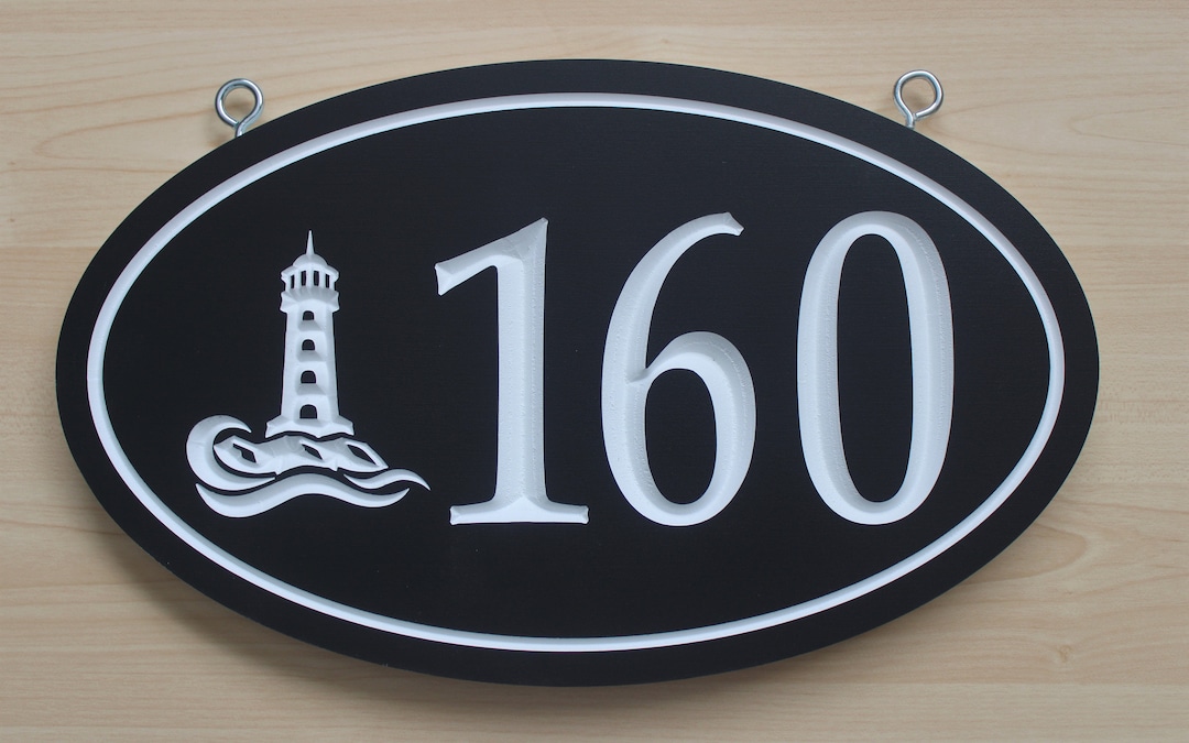Custom Oval PVC House Number Sign With Carved Lighthouse White Carving ...