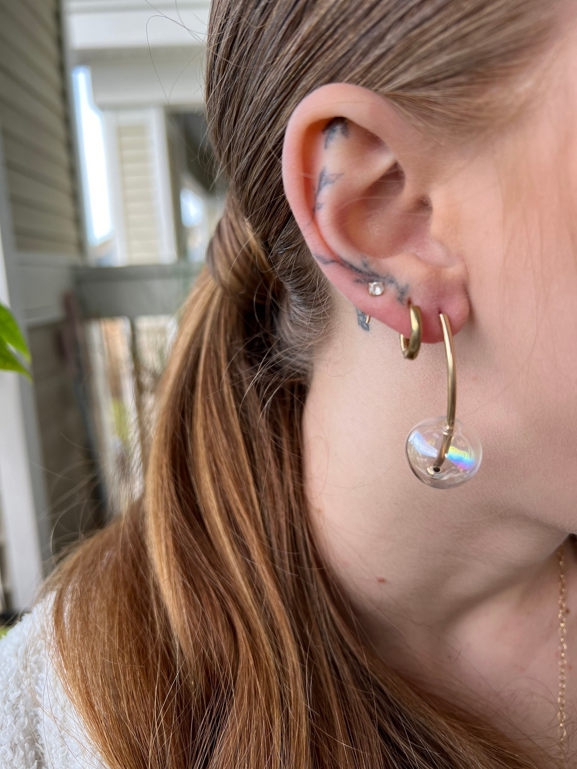 Transparent Cherry Bomb Stem and Bubble Blown Glass Earrings 14K Gold ...