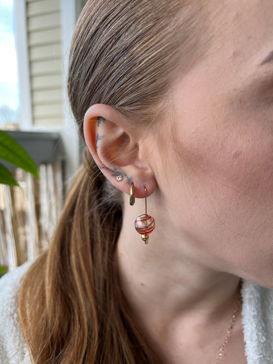 Transparent Bubble With Orange and Gold Swirls Blown Glass Earrings 14K ...