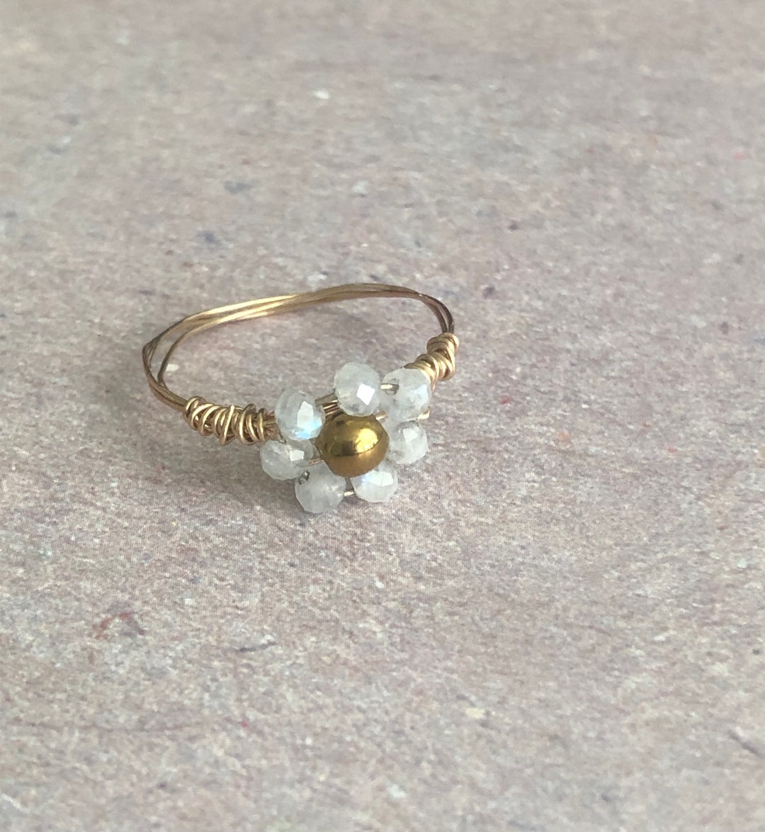 Gold Filled Wire Ring With Moonstone and Hematite Beaded Flower - Etsy UK