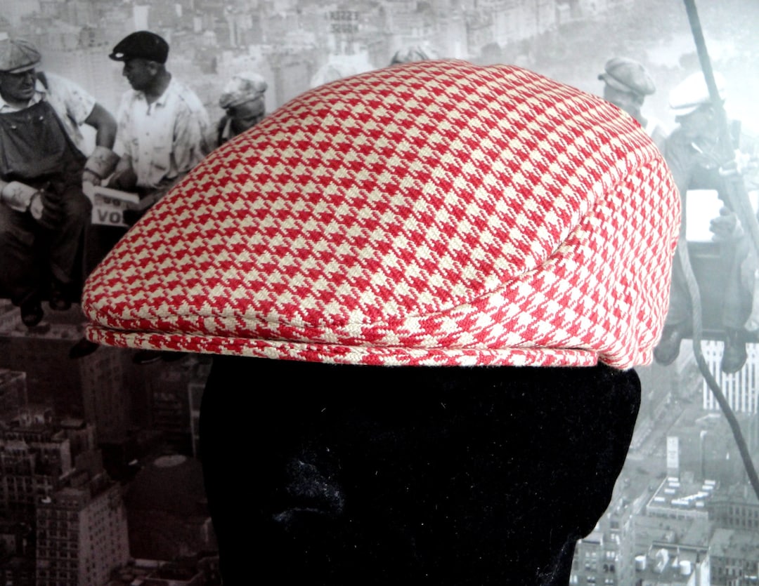 Flat Cap, Red and Cream Hounds Tooth Check Flat Cap, Hats for Men - Etsy