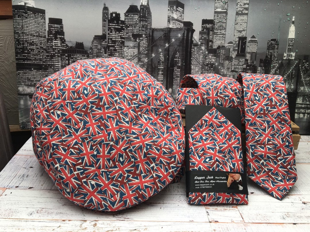 Union Jack Gift Set, Union Jack Flat Cap, Necktie and Pocket Square Set ...