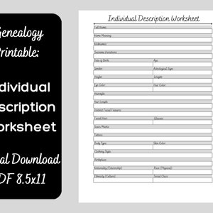 Individual Description Page, Genealogy Worksheet, Ancestry Printable ...